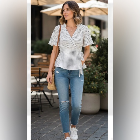 Monteau | Tops | Monteau White Polka Dot Wrap Blouse | Poshmark